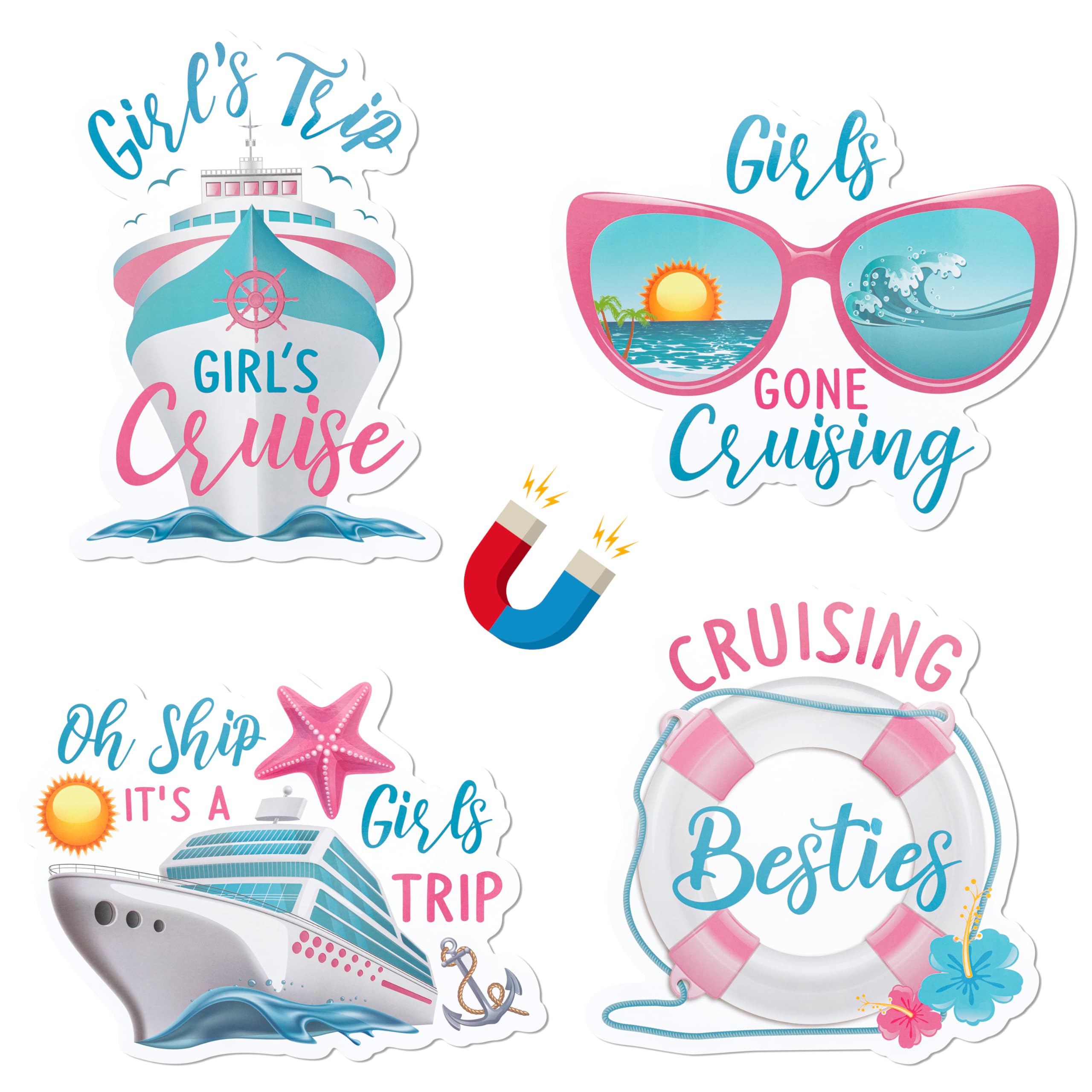 JAPBOR Cruise Door Decorations Magnetic - 4PCS Oh Ship It’s A Girls Trip Magnets, Girl Cruise Ship Car Cabin Refrigerator Magnet Decal, Cruising Magnetic Fridge Stickers for Home Kitchen Decor