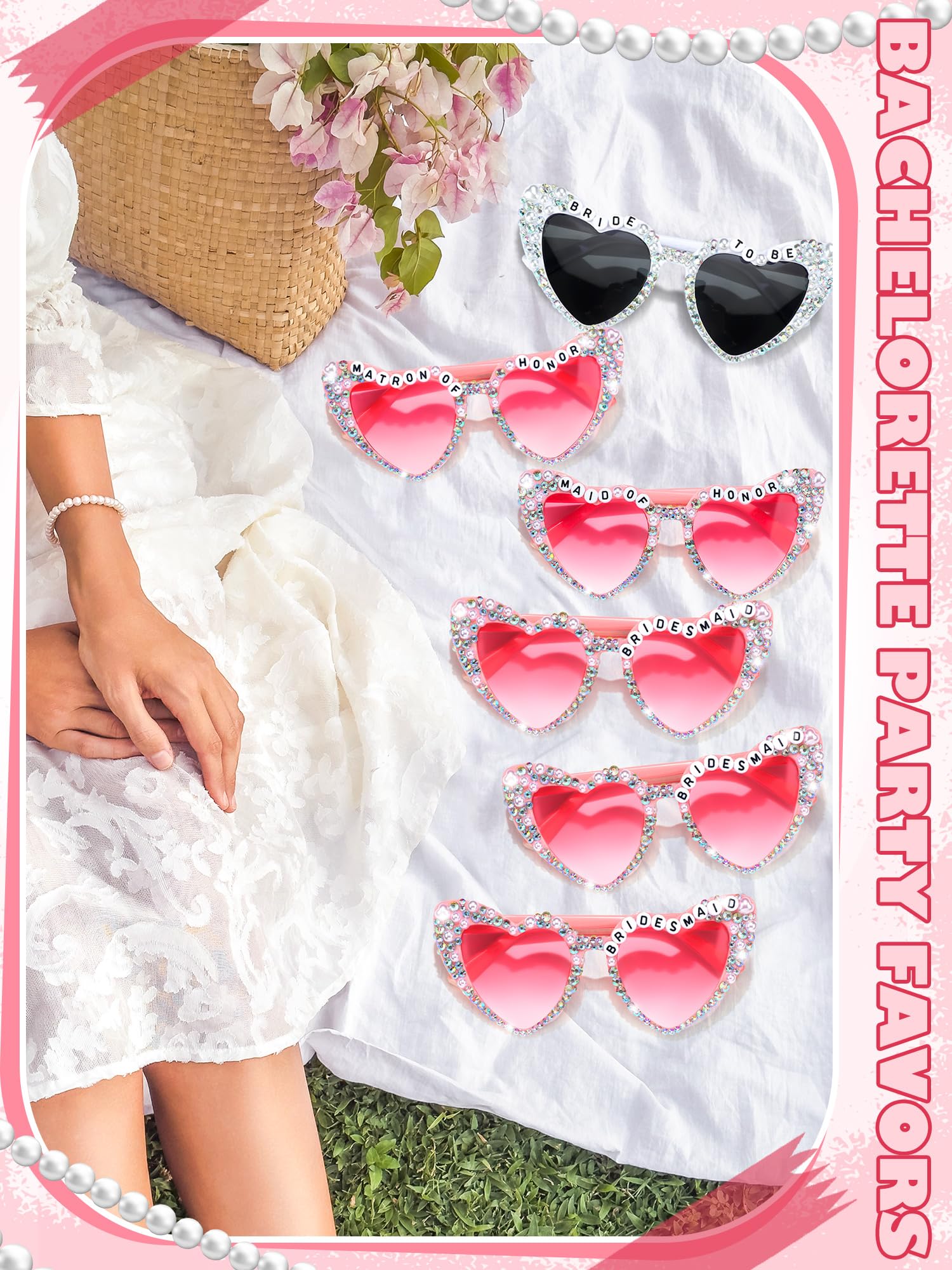 Mootycapa 6 Pcs Bride Sunglasses Bachelorette Sunglasses Party Favors for Bridesmaids for Wedding Party Bride to Be Gifts(White, Pink, Bridesmaid)