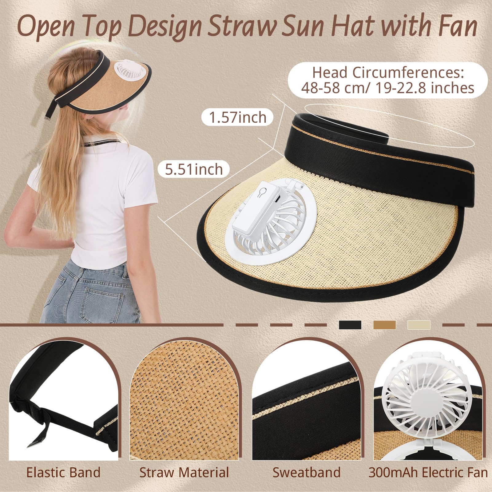 Maiteenly 3 Pcs Sun Visor Hat with Fan, Three Temp Settings, Large Area Sun Protection, Adjustable Visor with Fan for Women (Black, Khaki, White)