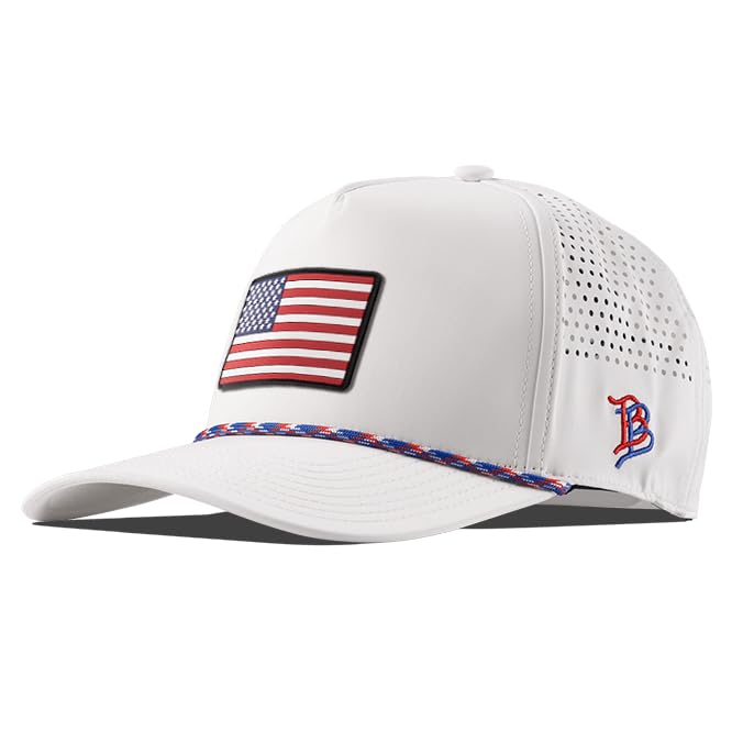 Branded Bills Old Glory PVC Curved 5 Panel Rope Hat, White/RWB Rope, Fits 7-7 7/8, Adjustable Snapback | Lightweight, Comfort Stretch, & Quick Dry Baseball Cap