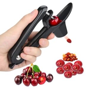 cherry pitter tool - heavy-duty stainless steel olive and cherry pitters corer tool with space-saving lock design, multi-function cherries stoner seed remover tool for making cherry jam (black)