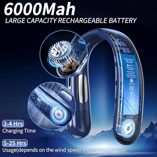 liusoreg Portable Neck Fan 6000mah Hands Free Bladeless Fan Personal Air Conditioner Cooling Neck Cooler Rechargeable Blow Cold Wearable Fan Around Your Neck Men Women Travel Essentials Gift