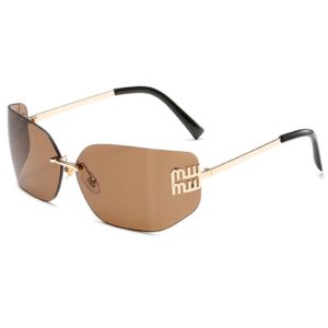 bsreyeop futuristic rimless y2k sunglasses for women men fashion wrap around frame trendy shield frameless design (brown c1)