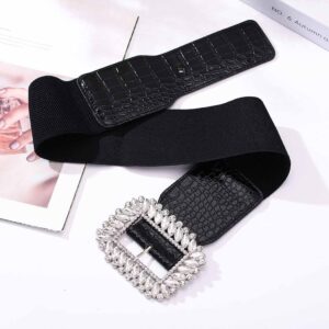 Yalice Rhinestone Waist Belt Wide Elastic Belt for Dresses Sparkle Crystal Stretchy Belts Ladies Cinch Waist Band for Women (Black, Fit Waist Belt: 32''-37'')