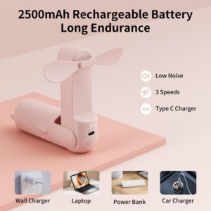 [12-21 Working Hours] 𝟑 𝐈𝐧 𝟏 Mini Handheld Fan, Pocket Fan Rechargeable, 3 Speeds Travel Fan Foldable Personal Fan with Power Bank, Mirror, Small Pocket Fan Travel Essentials for Women