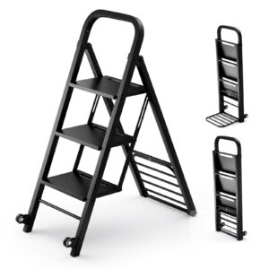 s afstar 2-in-1 folding ladder & hand truck combo, 3-step step ladder with wheels, convertible hand cart with wide steps, 550 max load, heavy-duty metal dolly cart ladder for home office garage