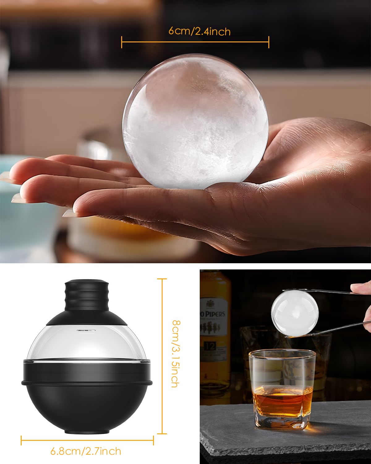 Large Round Ice Ball Maker Mold Silicone for Whiskey - Set of 4 with 2-in-1 Funnel Lid - 2.4 Inch Big Sphere Ice Mold for Cocktails Bourbon - Easy Release - Perfectly Round Ice Cube Tray