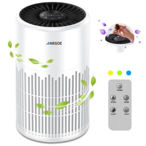 anegoe air purifier for bedroom with true h13 hepa 3-in-1 filters, remote control pet air purifiers for home cat pee smell, covers up to 400ft² with 2/4/8h timer night lights fan speeds and sleep mode