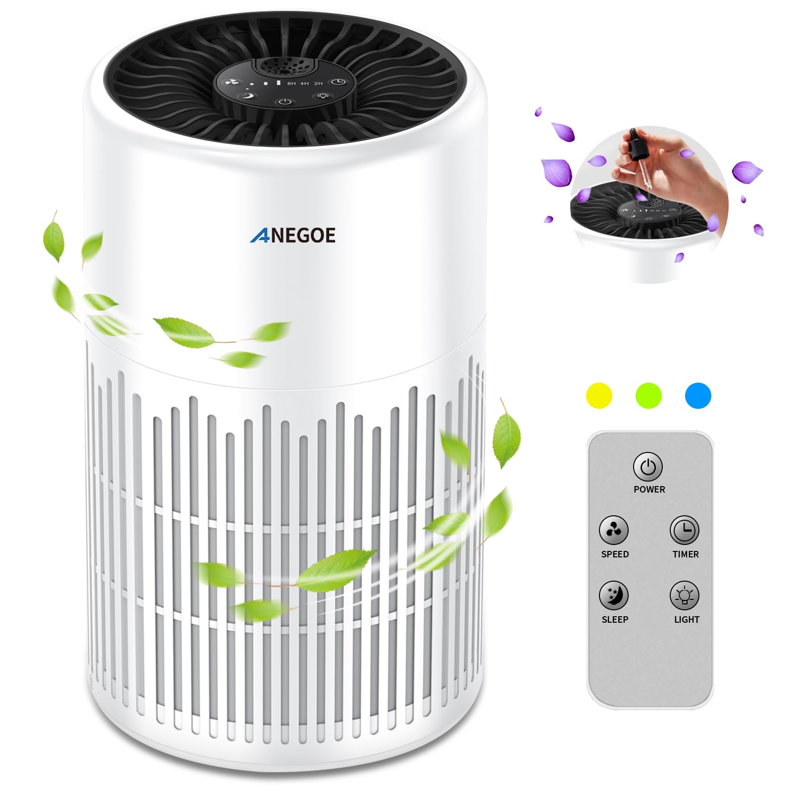 ANEGOE Air Purifier for Bedroom with True H13 HEPA 3-in-1 Filters, Remote Control Pet Air Purifiers for Home Cat Pee Smell, Covers Up to 400Ft² with 2/4/8H Timer Night Lights Fan Speeds and Sleep Mode