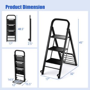 Goplus 2 in 1 Convertible Hand Truck Dolly and Step Ladder, Foldable 3-Step Stool w/Non-Slip Wide Pedals, Household Cart Ladder w/ 2 Wheels, Heavy-Duty 550lbs Capacity Utility Cart w/Ladder, Black