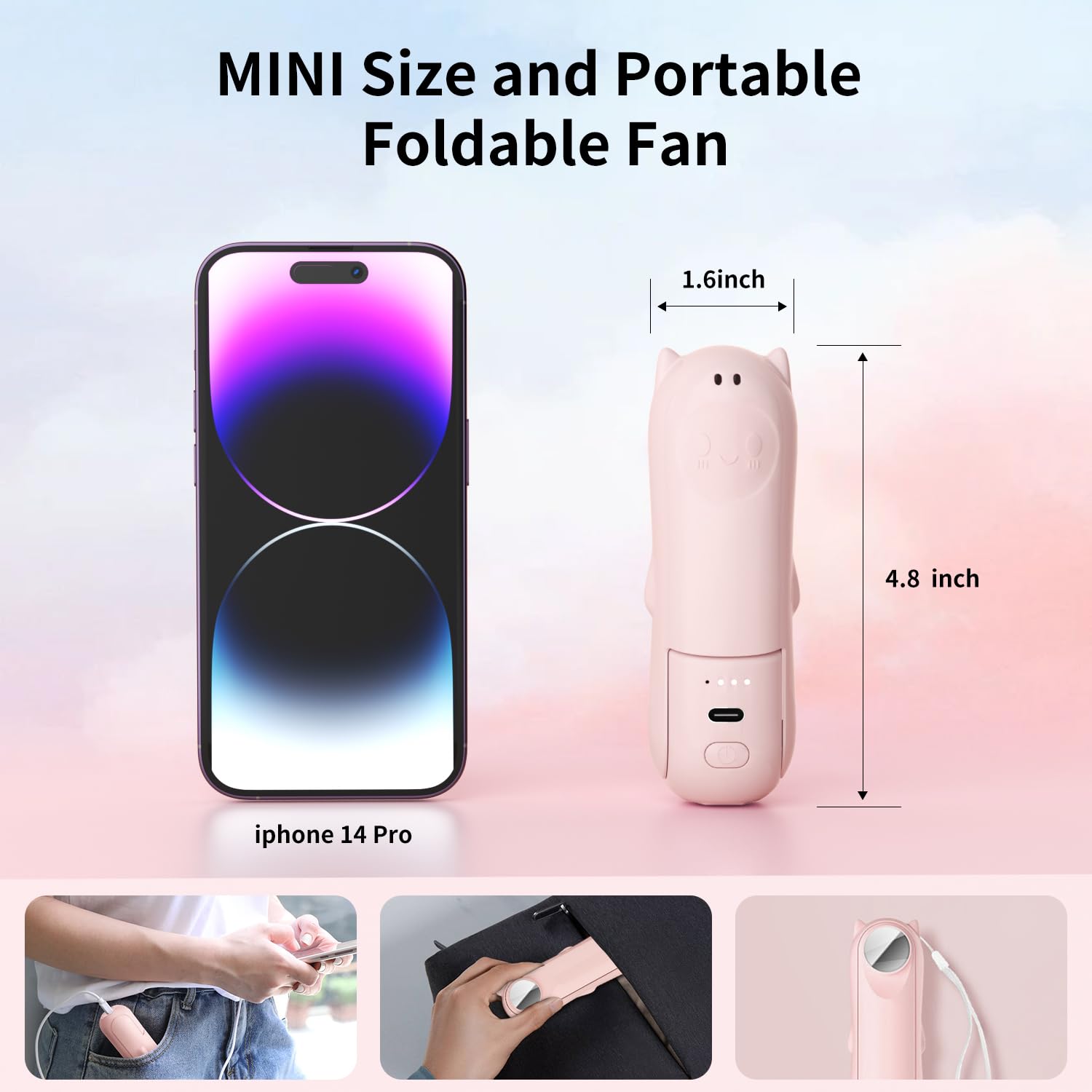 [12-21 Working Hours] 𝟑 𝐈𝐧 𝟏 Mini Handheld Fan, Pocket Fan Rechargeable, 3 Speeds Travel Fan Foldable Personal Fan with Power Bank, Mirror, Small Pocket Fan Travel Essentials for Women