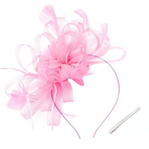 watame women's fascinators feathers mesh ribbons kentucky derby hat tea party hats with headband and clip fascinator hat (pink-2)