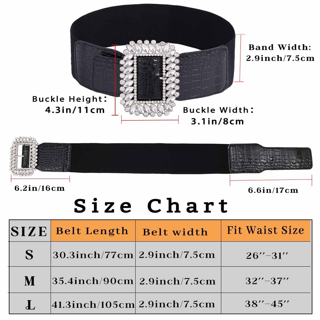 Yalice Rhinestone Waist Belt Wide Elastic Belt for Dresses Sparkle Crystal Stretchy Belts Ladies Cinch Waist Band for Women (Black, Fit Waist Belt: 32''-37'')