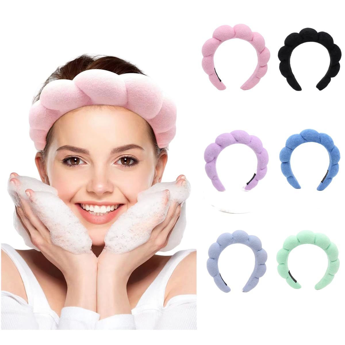 SINGEWOW 6 Pack Spa Sponge Headbands for Washing Face,Skincare Headbands,Makeup Headband, Terry Cloth Headband Bubble Soft Puffy Headband for Women and Girl