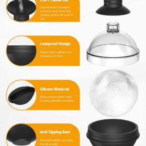 Large Round Ice Ball Maker Mold Silicone for Whiskey - Set of 4 with 2-in-1 Funnel Lid - 2.4 Inch Big Sphere Ice Mold for Cocktails Bourbon - Easy Release - Perfectly Round Ice Cube Tray