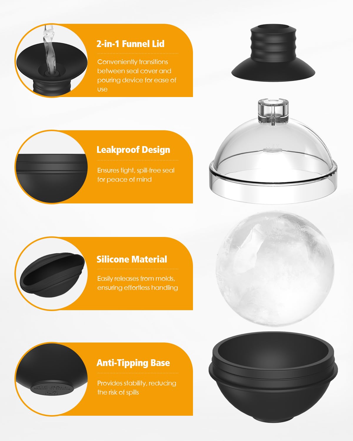 Large Round Ice Ball Maker Mold Silicone for Whiskey - Set of 4 with 2-in-1 Funnel Lid - 2.4 Inch Big Sphere Ice Mold for Cocktails Bourbon - Easy Release - Perfectly Round Ice Cube Tray