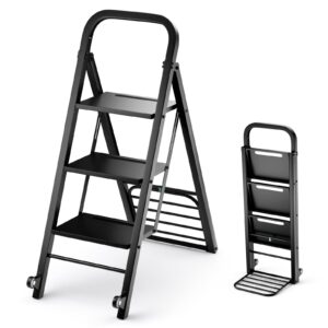 goplus 2 in 1 convertible hand truck dolly and step ladder, foldable 3-step stool w/non-slip wide pedals, household cart ladder w/ 2 wheels, heavy-duty 550lbs capacity utility cart w/ladder, black