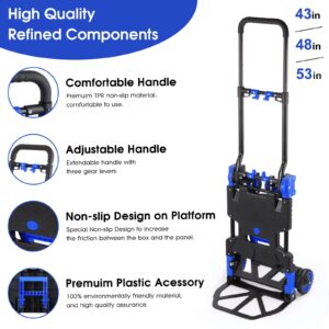 2 in 1 Folding Hand Truck with Folding Basket, 330lbs Heavy Duty Hand Truck Dolly, Portable Moving Dolly Foldable Hand Truck with Retractable Handle, Dolly Cart with Wheels for Market Warehouse (Blue)