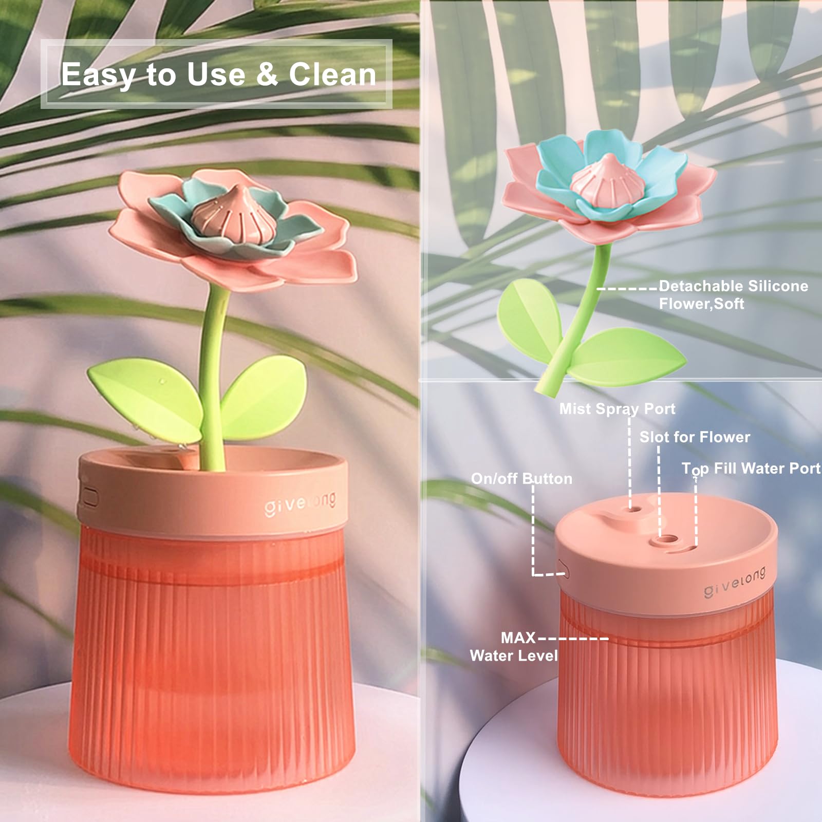 Bedroom Mini Humidifier Cute, Auto Shut Off Desk Humidifier Small 260ml with Flower,Cool Mist,7 Colors Night Light,Quiet,Portable Ultrasonic Humidifier Essential Oil Diffuser for Plants Office Travel