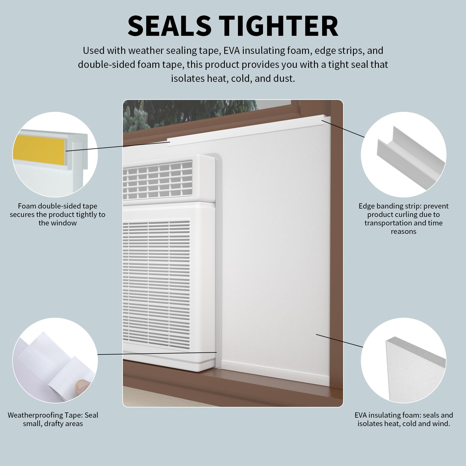 Window Air Conditioner, Side Insulated Foam Panel KT002WHITE, Summer/Winter Heat and Draft Insulation, One Piece Full Surround Insulation Panels Window Seal with 4 edging strips 02 (WHITE)