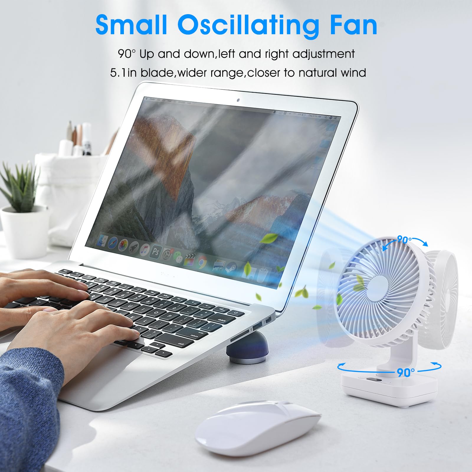 Digibond Oscillating Table Fan Small Oscillating Fan for Bedroom/Indoor/Outdoor Ultra Quiet Mini Desk Fan Auto 90° Rotated 4 Speeds 5in Wall Mounted Cordless Portable Rechargeable (White)