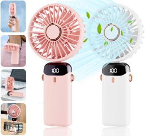 2pack portable handheld fan, 4000mah rechargeable personal fan with 5 speeds, hand held/desk/neck fan 3 in 1 mini fan with base, led display foldable battery operated small fans for outdoor indoor