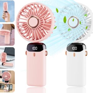 2Pack Portable Handheld Fan, 4000mAh Rechargeable Personal Fan with 5 Speeds, Hand Held/Desk/Neck Fan 3 in 1 Mini Fan with Base, LED Display Foldable Battery Operated Small Fans for Outdoor Indoor