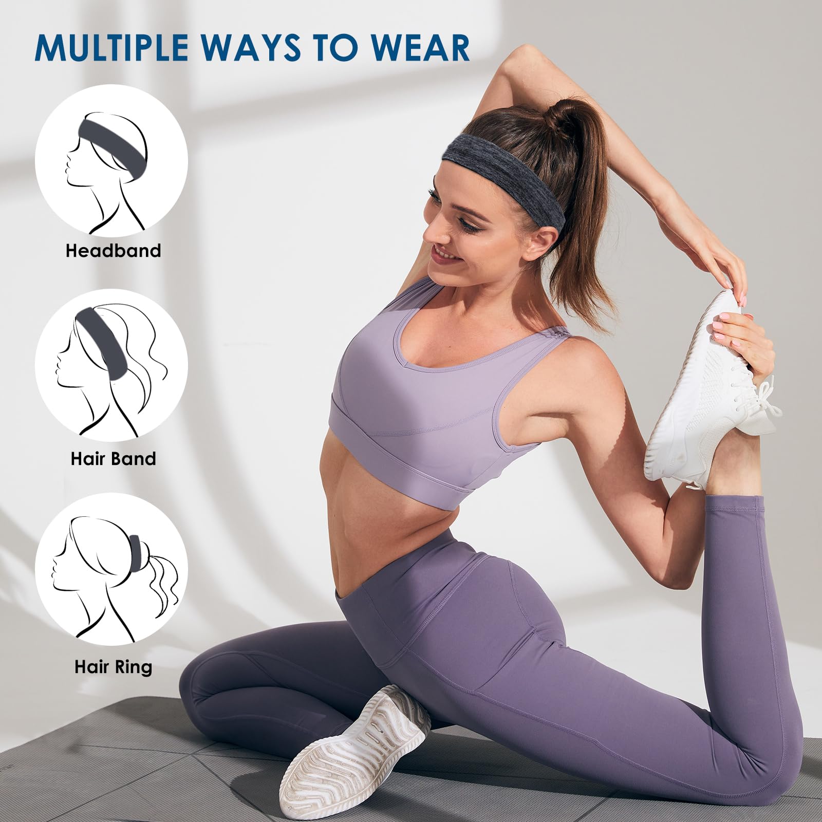 Sports Headbands for Women, 5 Pack Moisture Wicking Non Slip Sweatbands Fashionable Hairbands for Workout Yoga Running Gym