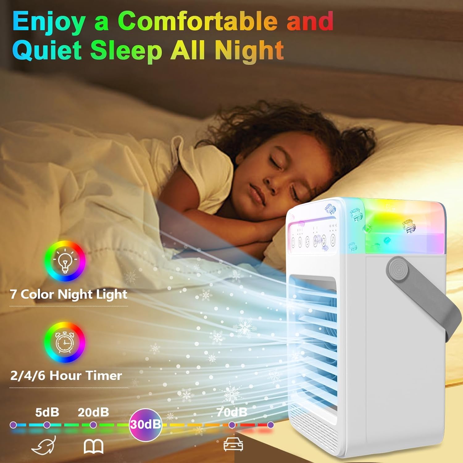 Portable Air Conditioners, 3-IN-1 Mini Air Conditioners,180 ° oscillation with 4 Wind Speed Air Cooler, 7 LED Light AC Unit, Large Water Tank Portable AC for Room/Living room/Classroom/Office/Garage