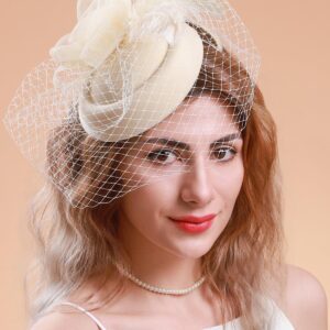 Cizoe Fascinators Hats 20s 50s Hat Pillbox Hat Cocktail FlowerTea Party Headwear with Veil for Girls and Women(Beige)