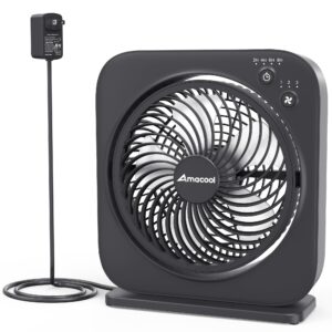 amacool table fan, 12 inch box fan with 3 adjustable speeds & 8hrs timer, 60° pivoting quiet air circulator, desktop fan for bedroom bathroom kitchen office, ac adapter included-black