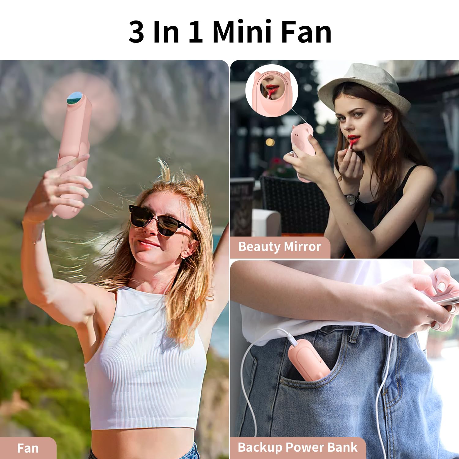 [12-21 Working Hours] 𝟑 𝐈𝐧 𝟏 Mini Handheld Fan, Pocket Fan Rechargeable, 3 Speeds Travel Fan Foldable Personal Fan with Power Bank, Mirror, Small Pocket Fan Travel Essentials for Women