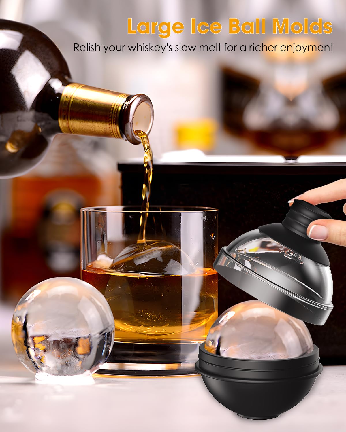 Large Round Ice Ball Maker Mold Silicone for Whiskey - Set of 4 with 2-in-1 Funnel Lid - 2.4 Inch Big Sphere Ice Mold for Cocktails Bourbon - Easy Release - Perfectly Round Ice Cube Tray