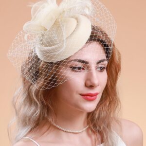 Cizoe Fascinators Hats 20s 50s Hat Pillbox Hat Cocktail FlowerTea Party Headwear with Veil for Girls and Women(Beige)