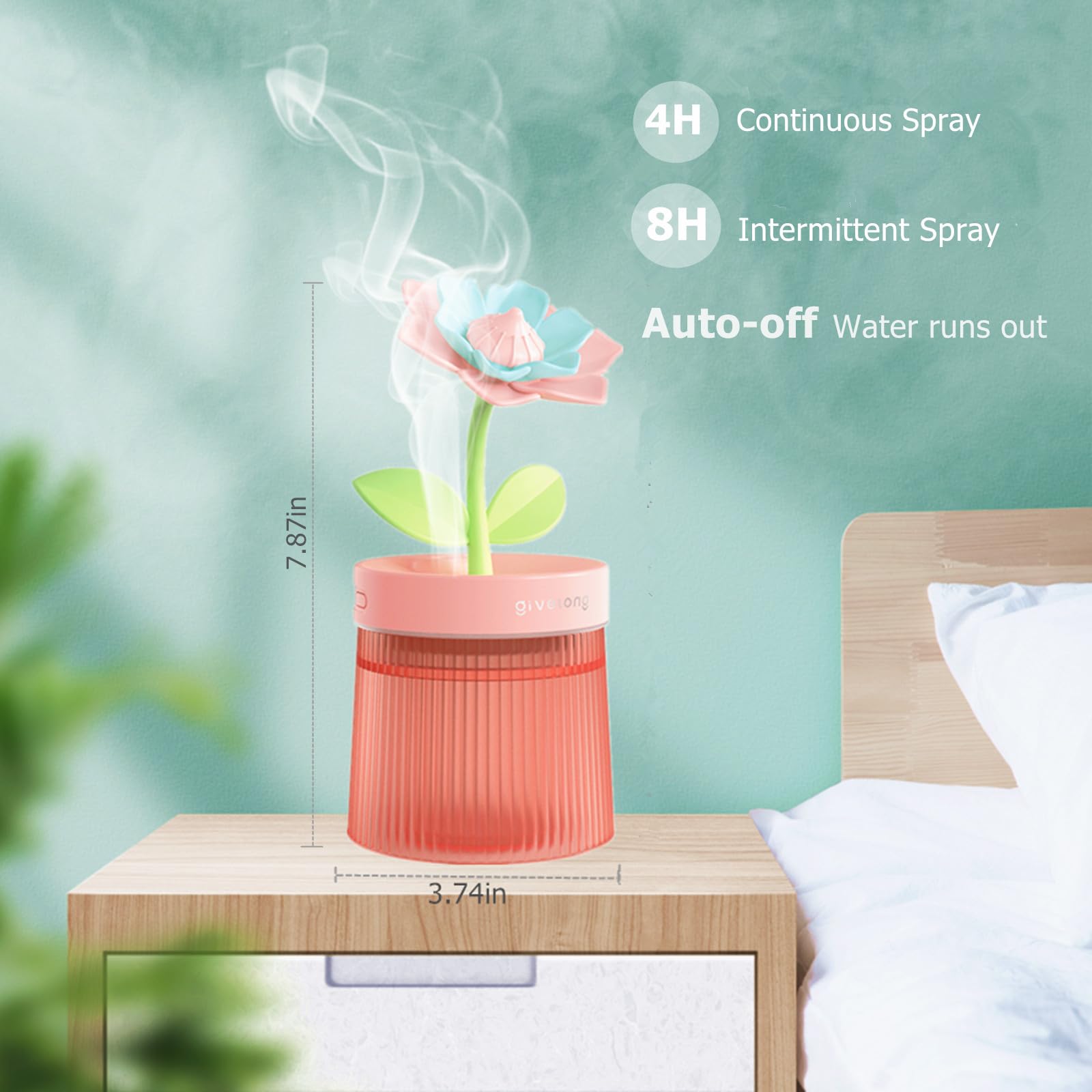 Bedroom Mini Humidifier Cute, Auto Shut Off Desk Humidifier Small 260ml with Flower,Cool Mist,7 Colors Night Light,Quiet,Portable Ultrasonic Humidifier Essential Oil Diffuser for Plants Office Travel