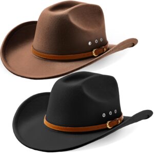 breathffy 2 pcs cowboy hat felt wide brim cowgirl hats with belt classic outdoor western hats for women men adults (black,coffee)