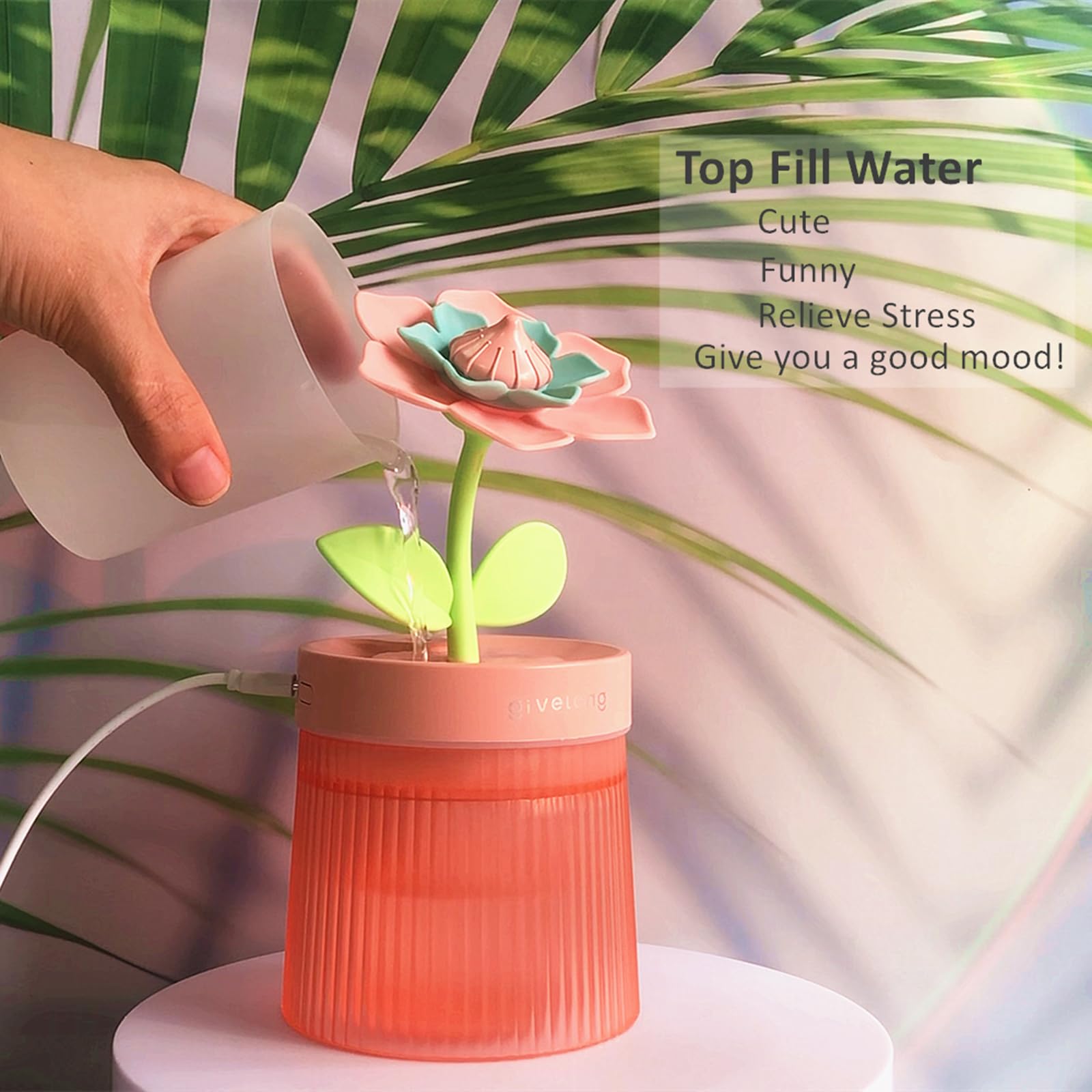 Bedroom Mini Humidifier Cute, Auto Shut Off Desk Humidifier Small 260ml with Flower,Cool Mist,7 Colors Night Light,Quiet,Portable Ultrasonic Humidifier Essential Oil Diffuser for Plants Office Travel