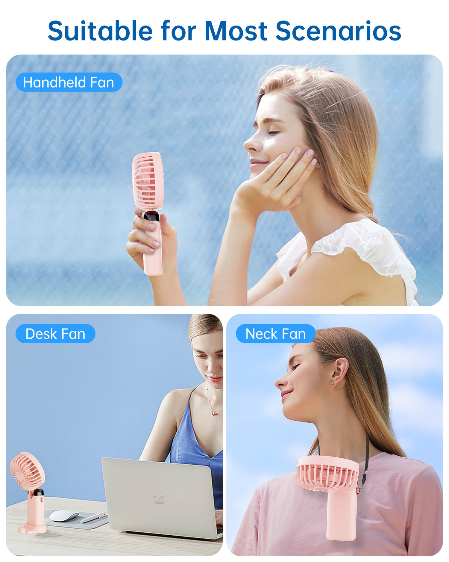 2Pack Portable Handheld Fan, 4000mAh Rechargeable Personal Fan with 5 Speeds, Hand Held/Desk/Neck Fan 3 in 1 Mini Fan with Base, LED Display Foldable Battery Operated Small Fans for Outdoor Indoor