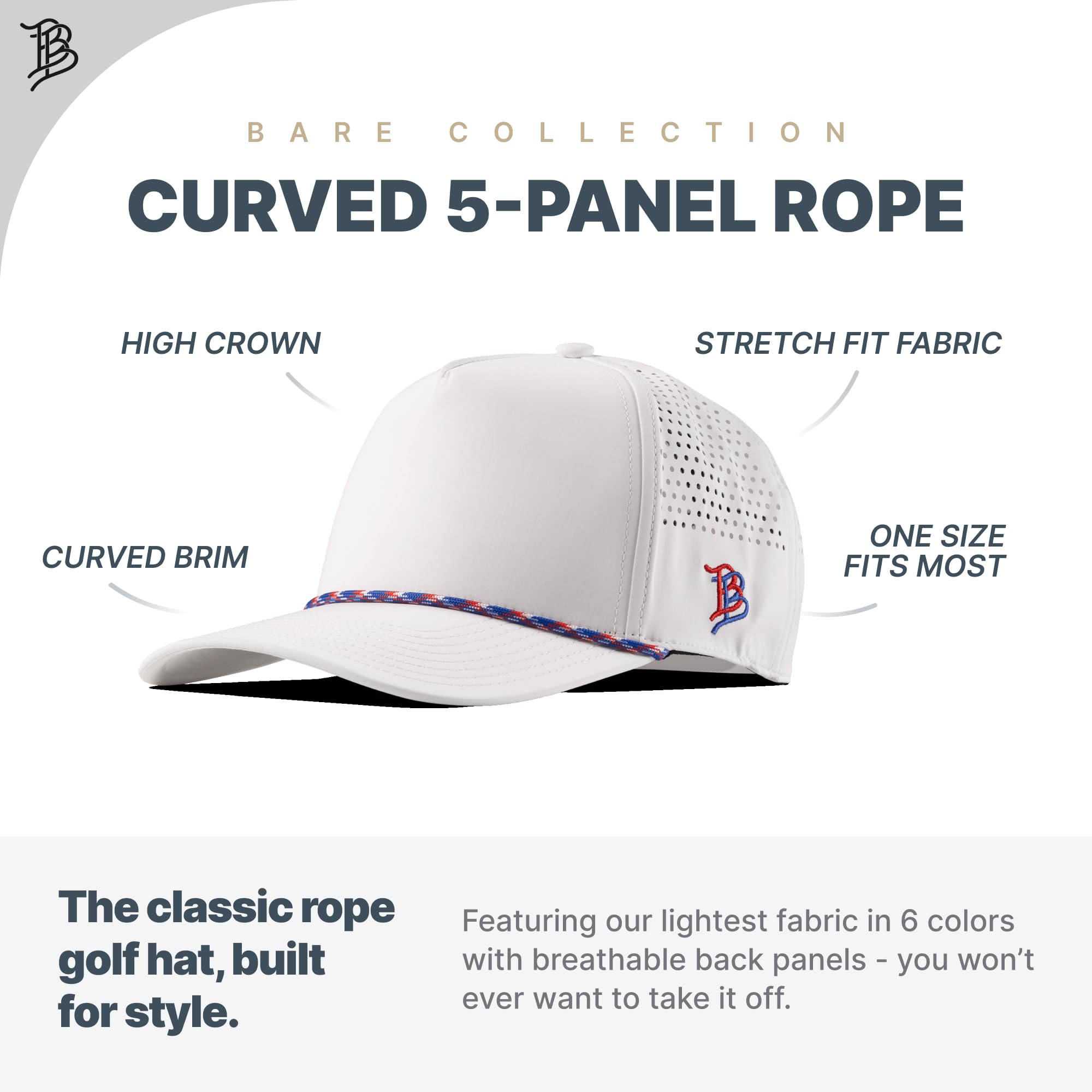 Branded Bills Old Glory PVC Curved 5 Panel Rope Hat, White/RWB Rope, Fits 7-7 7/8, Adjustable Snapback | Lightweight, Comfort Stretch, & Quick Dry Baseball Cap