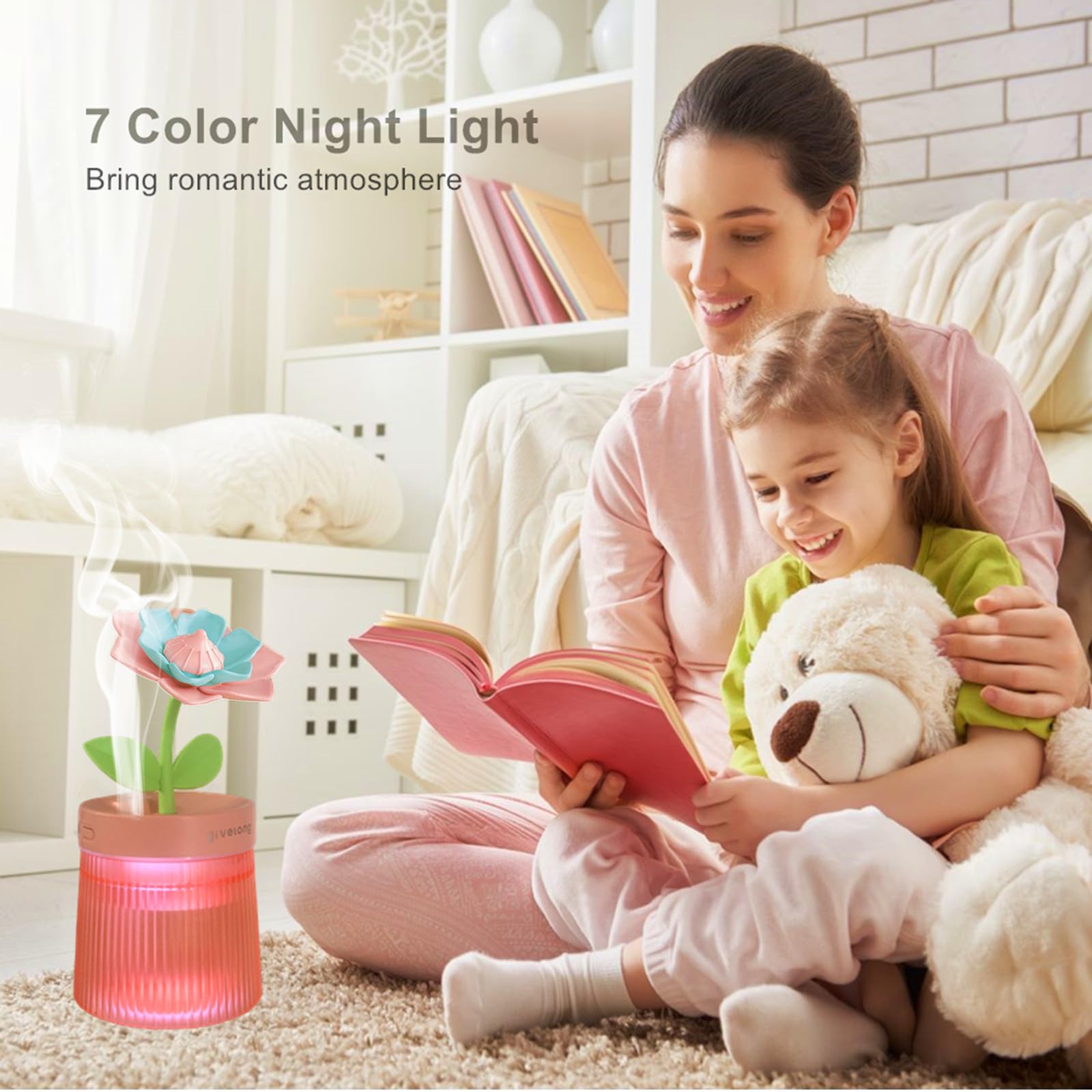 Bedroom Mini Humidifier Cute, Auto Shut Off Desk Humidifier Small 260ml with Flower,Cool Mist,7 Colors Night Light,Quiet,Portable Ultrasonic Humidifier Essential Oil Diffuser for Plants Office Travel