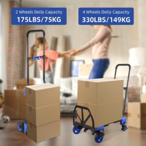 2 in 1 Folding Hand Truck with Folding Basket, 330lbs Heavy Duty Hand Truck Dolly, Portable Moving Dolly Foldable Hand Truck with Retractable Handle, Dolly Cart with Wheels for Market Warehouse (Blue)