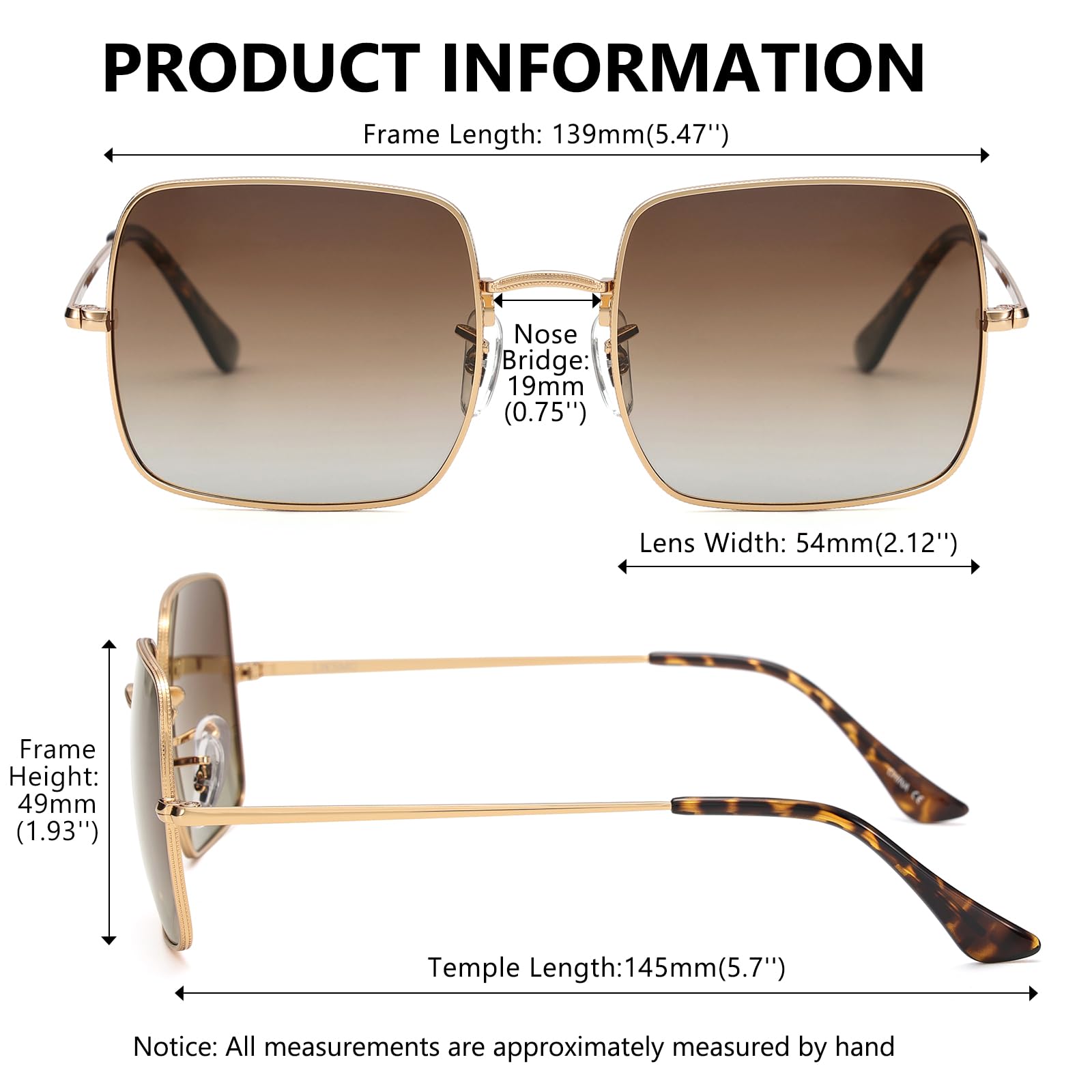 LIKSMU Square Sunglasses for Women Men Polarized Vintage Retro Metal Frame Trendy Sun Glasses Gold Frame