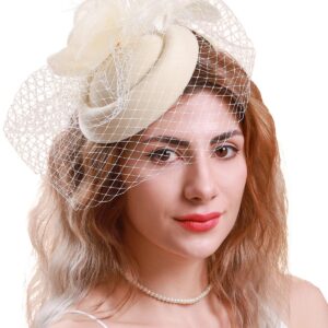 Cizoe Fascinators Hats 20s 50s Hat Pillbox Hat Cocktail FlowerTea Party Headwear with Veil for Girls and Women(Beige)