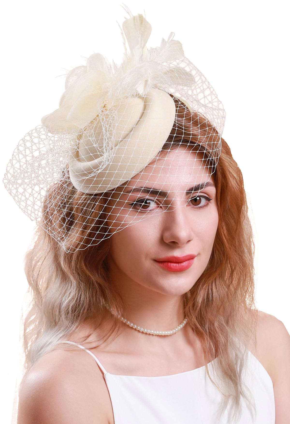 Cizoe Fascinators Hats 20s 50s Hat Pillbox Hat Cocktail FlowerTea Party Headwear with Veil for Girls and Women(Beige)