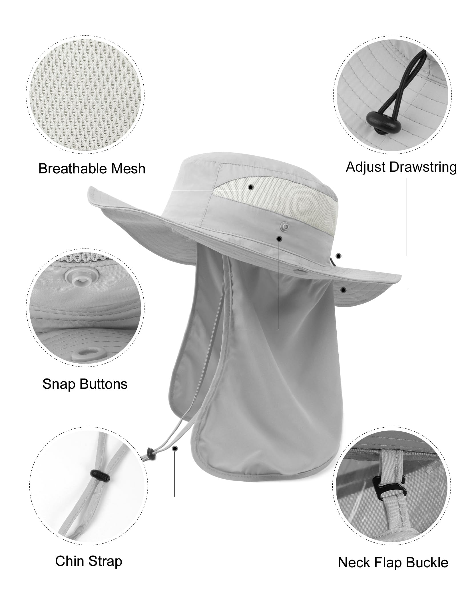 Zylioo Oversized 62-65cm UV Sun Hats with Flaps,Big Size Boonie Hat with Drape Beach Hats with Neck Protection Flap