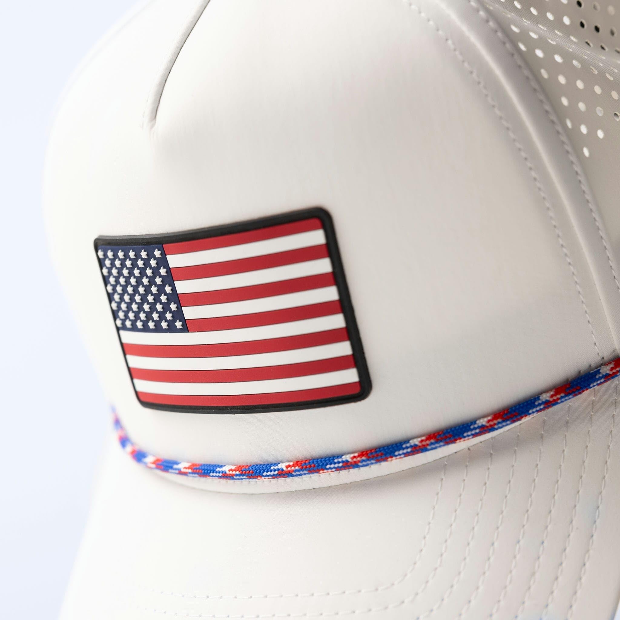 Branded Bills Old Glory PVC Curved 5 Panel Rope Hat, White/RWB Rope, Fits 7-7 7/8, Adjustable Snapback | Lightweight, Comfort Stretch, & Quick Dry Baseball Cap