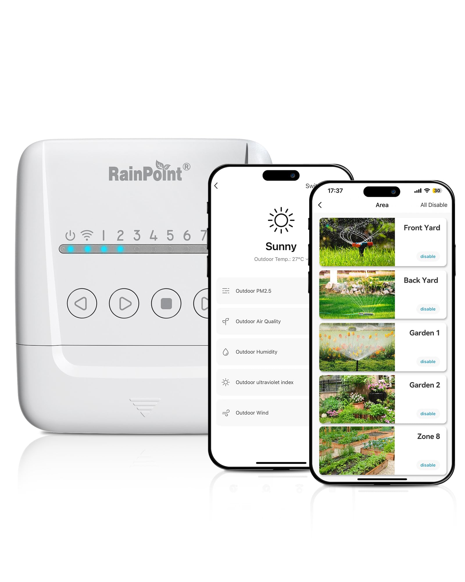 RAINPOINT 8 Zone Smart Sprinkler Controller - Local Weather Intelligence WiFi Sprinkler System Controller, Easy Install APP Control Irrigation System, Sprinkler Timer for Garden Yard