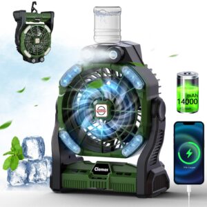 clemas camping fan with mister rechargeable | long lasting portable battery powered water misting fan table fan 14000mah | 26000mah | rgb lights, timer, power supply - for outdoor & emergencies