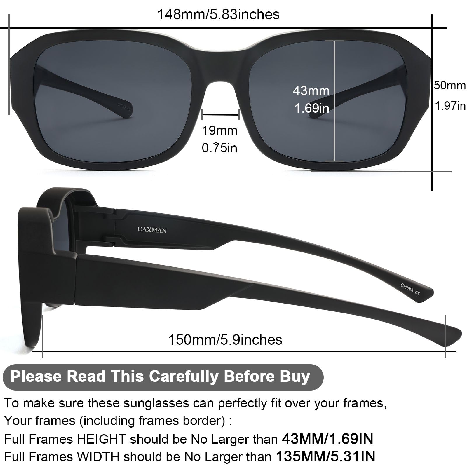 CAXMAN Fit Over Glasses Sunglasses for Women and Men Polarized & 100% UV Protection Rounded Rectangle Frames Matte Black