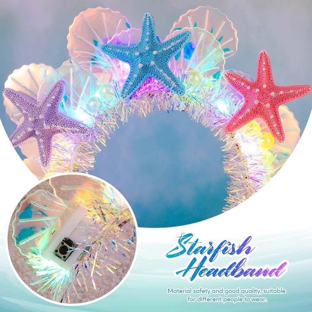 GORTIN Light Up Starfish Headband LED Mermaid Headbands Glow Seashell Hair Band Beach Party Costume Headwear Hair Accessories for Women and Girls